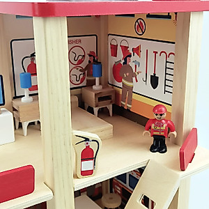 BBtinker Wooden Fire Station Playset, Multicolor 3-Level Pretend Play Dollhouse with Figures, Truck, Helicopter and Accessories, Preschool Learning Educational Toys for Toddlers Kids Age 3 and up