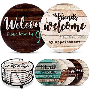 Funny Coasters for Coffee Table - 6 Sarcastic Absorbent Stone Cork Drink Coasters, Farmhouse Bar Coasters for Drinks with Holder, Cool Housewarming Gift, New Home - Cup Coster for Wooden Table