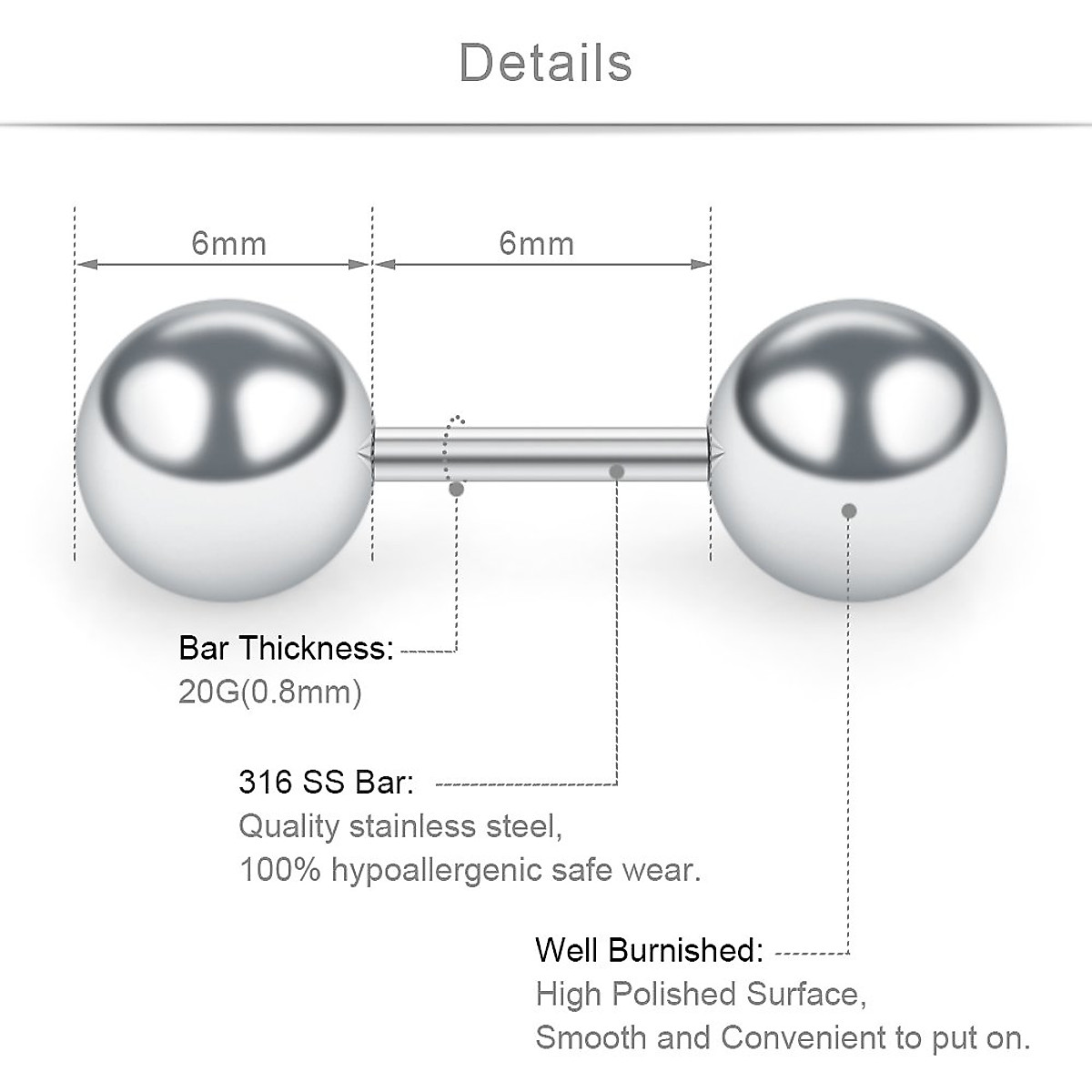 SCERRING 4 Pairs 20G 1/4" Stainless Steel Polished Ball Barbell helix Cartilage Tragus Ear Lobe Stud Earring for Men Women 3-6mm - Silver