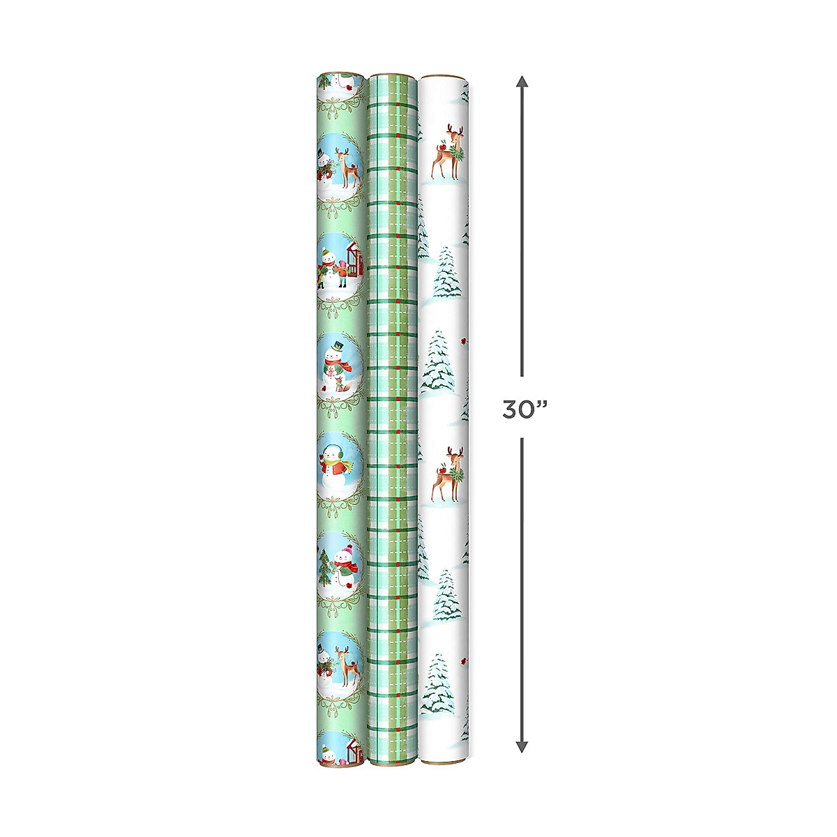 Hallmark Christmas Wrapping Paper with Cut Lines on Reverse (3 Rolls: 120 sq. ft. ttl) Woodland Storybook Critters, Deer, Snowmen, Mint Green and Teal Blue Plaid