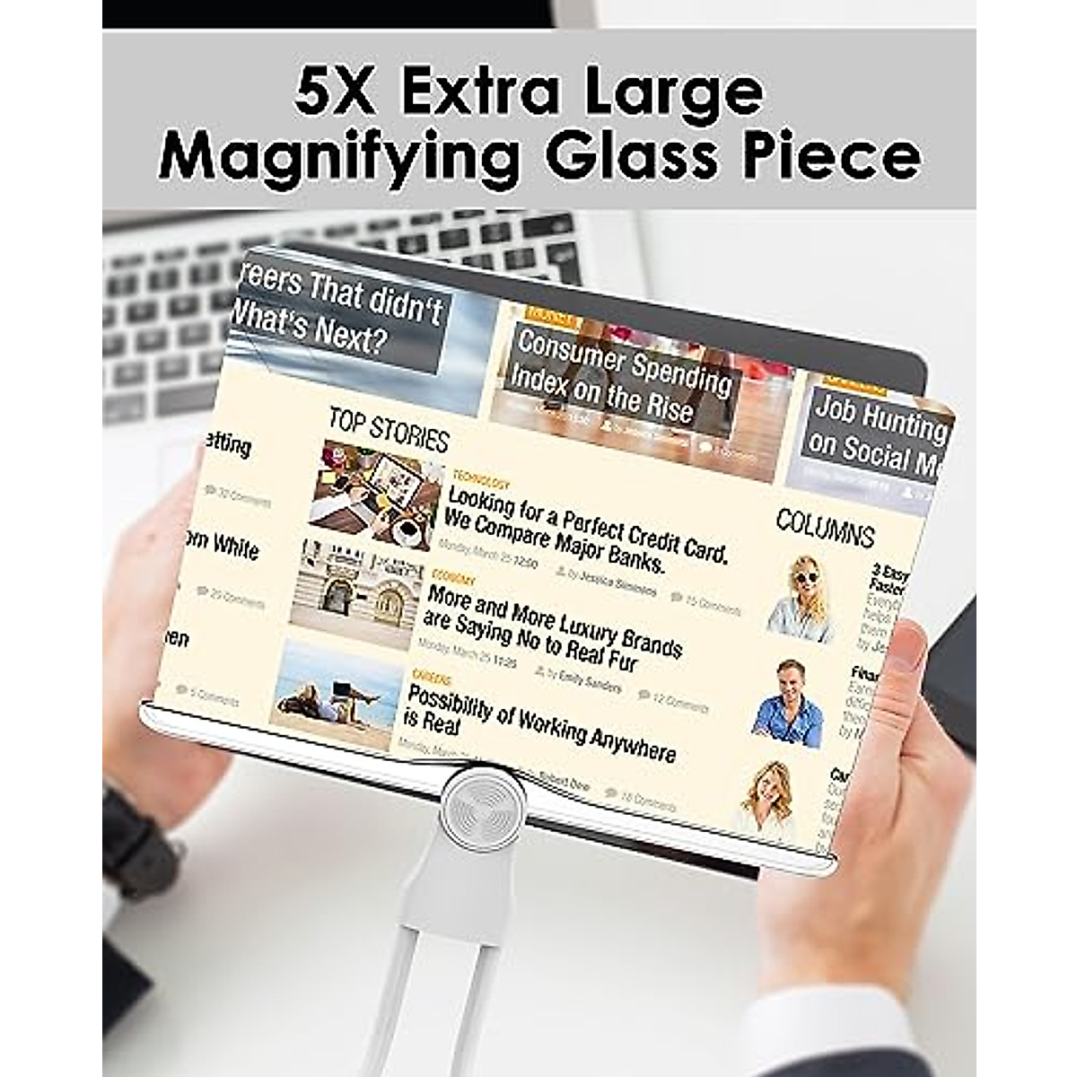 5X Hands Free Magnifying Glass for Reading.6.7" x 9.5"Large Full Book Page Magnifier for Neck Wear. Magnifier for Reading,Sewing, Cross Stitch, Inspection (White)