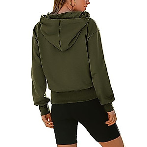BTFBM Women's Casual Long Sleeve Cropped Hoodies Pullover Fall Winter Fashion Drawstring Sweatshirts Tops Pockets(Solid Army Green, Large)