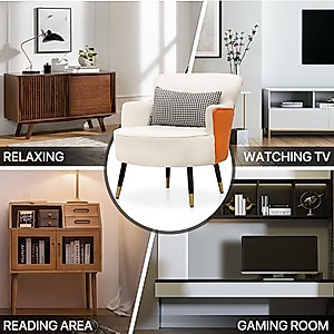 MoNiBloom Accent Armchair Single Sofa Chair with Lumbar Pillow, White/Orange Contrasting Colors Upholstered Bedroom Reading Chair, Mid Century Modern Leatheraire Armchair for Living Room Bedroom