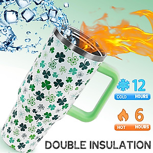 Nqhsionv St Patricks Day Tumbler with Handle 40 oz Green Lucky Shamrock Coffee Travel Mug Stainless Steel Insulated Cup Irish Saint Patricks Decor Gifts
