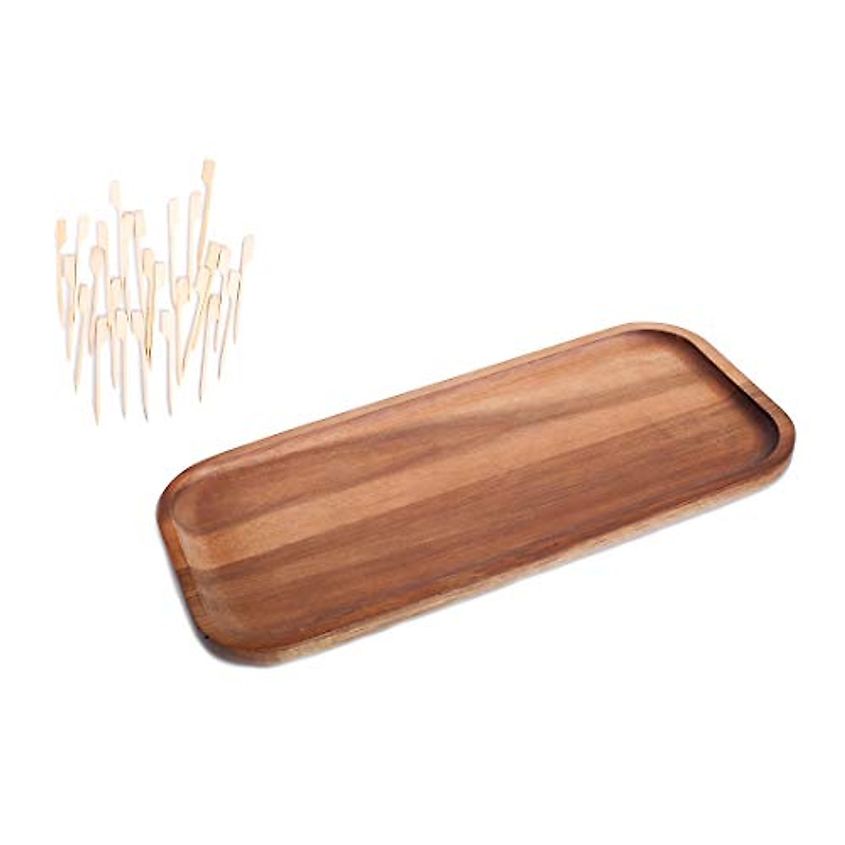 Dstuff Wood Serving Platter Tray Plate, Bathroom Vanity Tray, Wooden Steak Plates, Set of 1 Small Wood Tray + 30 Paddle Picks, Solid Natural Rectangular Acacia Board for Food Party Cheese Appetizer,