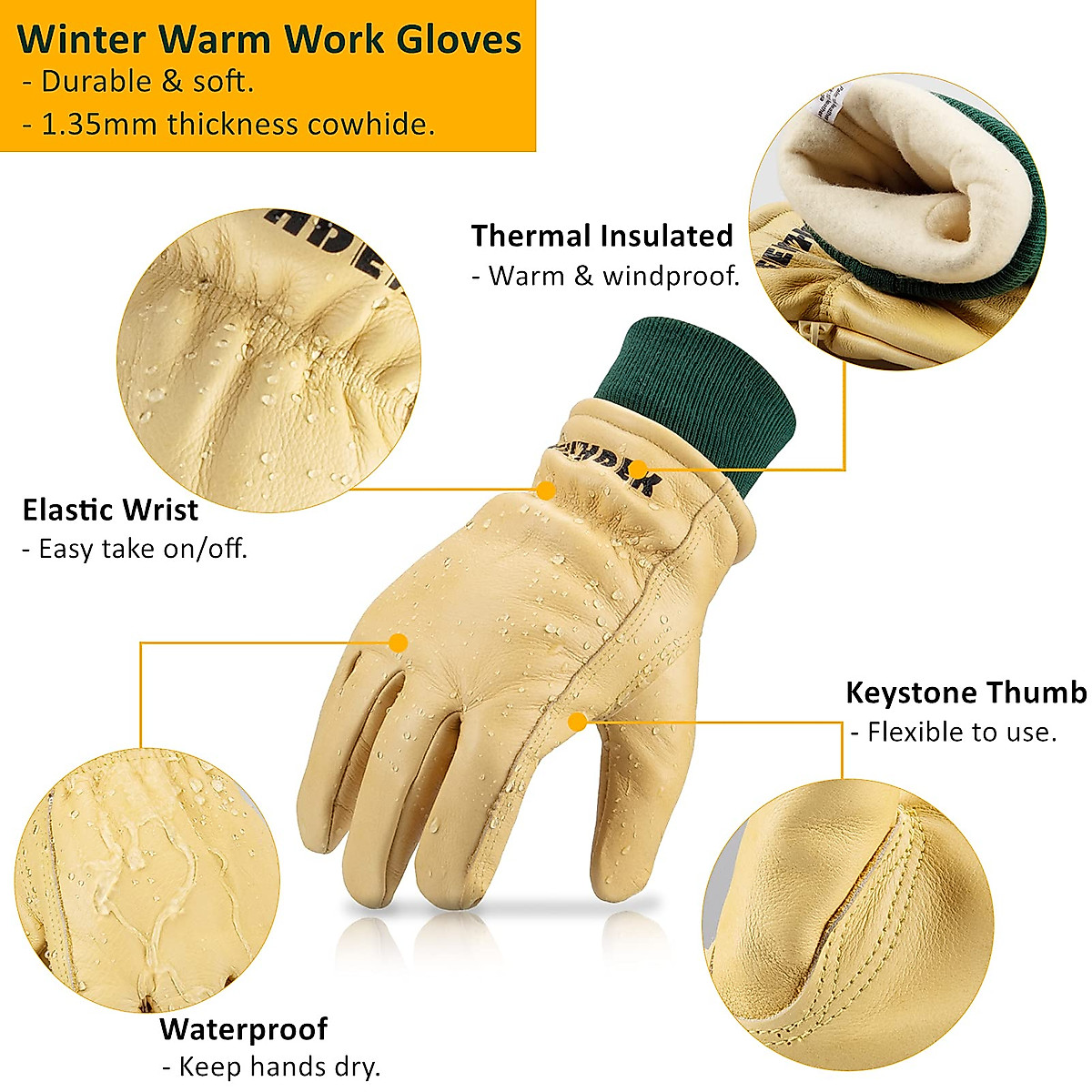 FEISHDEK Waterproof Work Gloves for Men, Winter Insulated Leather Work Gloves, Cowhide Leather Gloves Working in Cold Weather