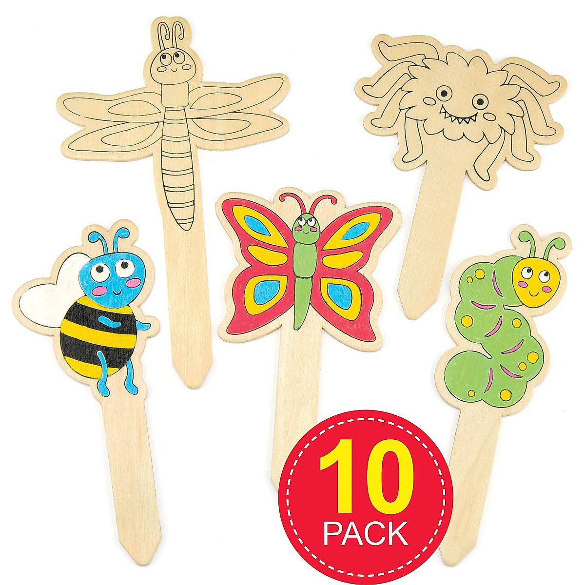 Baker Ross AR233 Bug Wooden Stakes - Pack of 10, Handy Lawn Decorations for Kids to Decorate and Gift