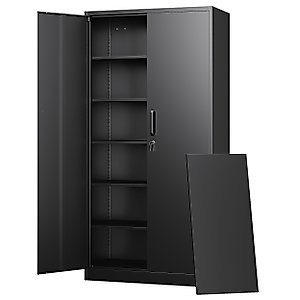 Letaya Metal Storage Cabinets with Lock Doors,Tall Locker Organizer Steel Garage Cabinets, 5 Adjustable Layers Shelves for Home, Office, Warehouse,Tool,Industrial(Black)