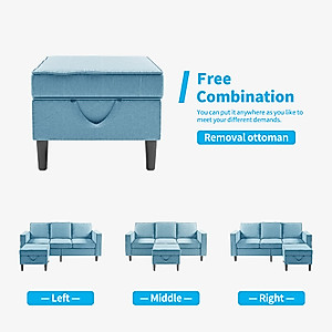 Mjkone Convertible Sectional Sofa Couch, 3-Seat L-Shaped Sofa with Storage Ottoman, Wooden Couch Legs Modern Linen Fabric Reversible Chaise for Living Room, Studio, Apartment - Blue