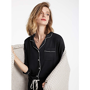 SIORO Womens Pajamas Set Long Sleeve, Button Down Cotton Pj Sets For Women Soft Nightwear,Black With White Piping, Small