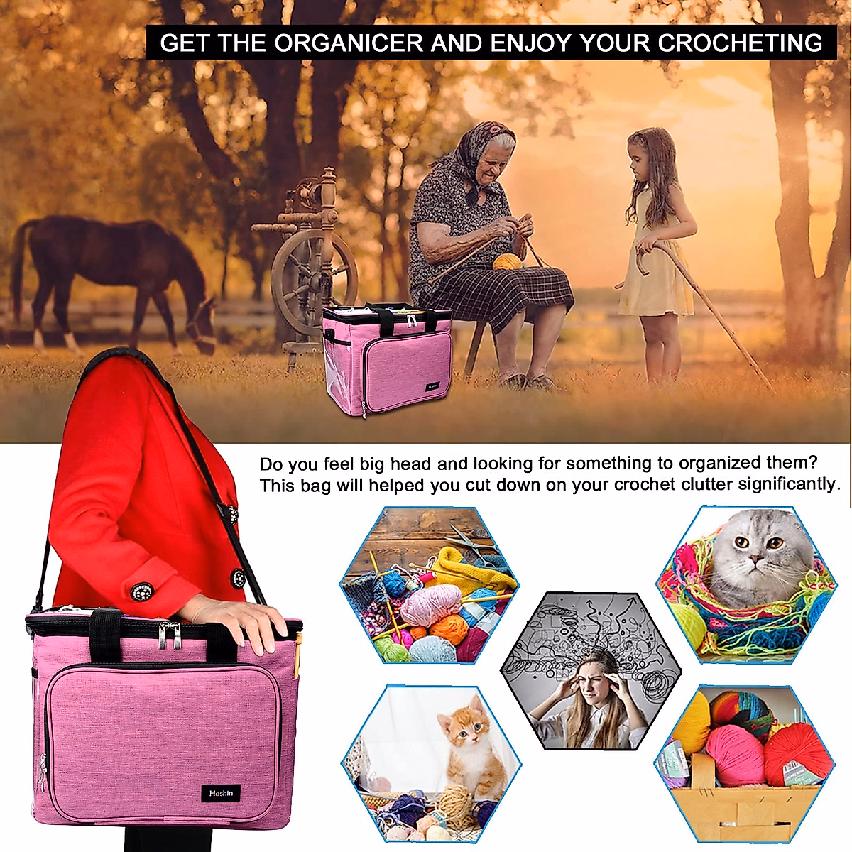 Hoshin Knitting Bag for Yarn Storage, High Capacity Yarn Totes Organizer with Inner Divider Portable for Carrying Project, Knitting Needles(up to 14”), Crochet Hooks, Skeins of Yarn (Purple)