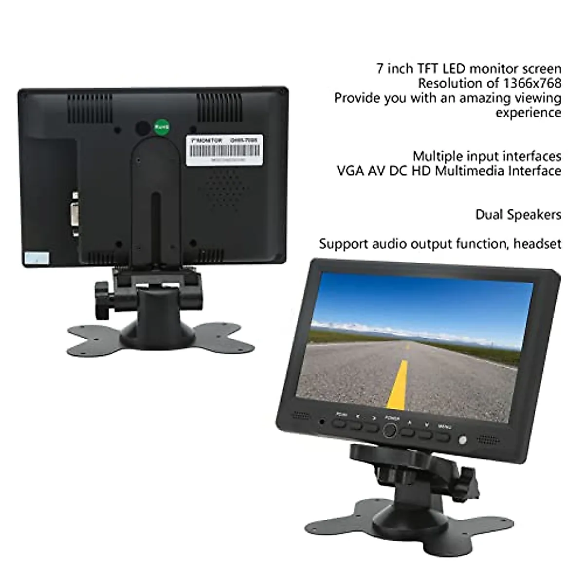 LED Screen TFT, 7in TFT LED Monitor VGA AV DC HD Multimedia Interface Color Screen with Dual Speakers Remote Control 100‑240V(US Plug)