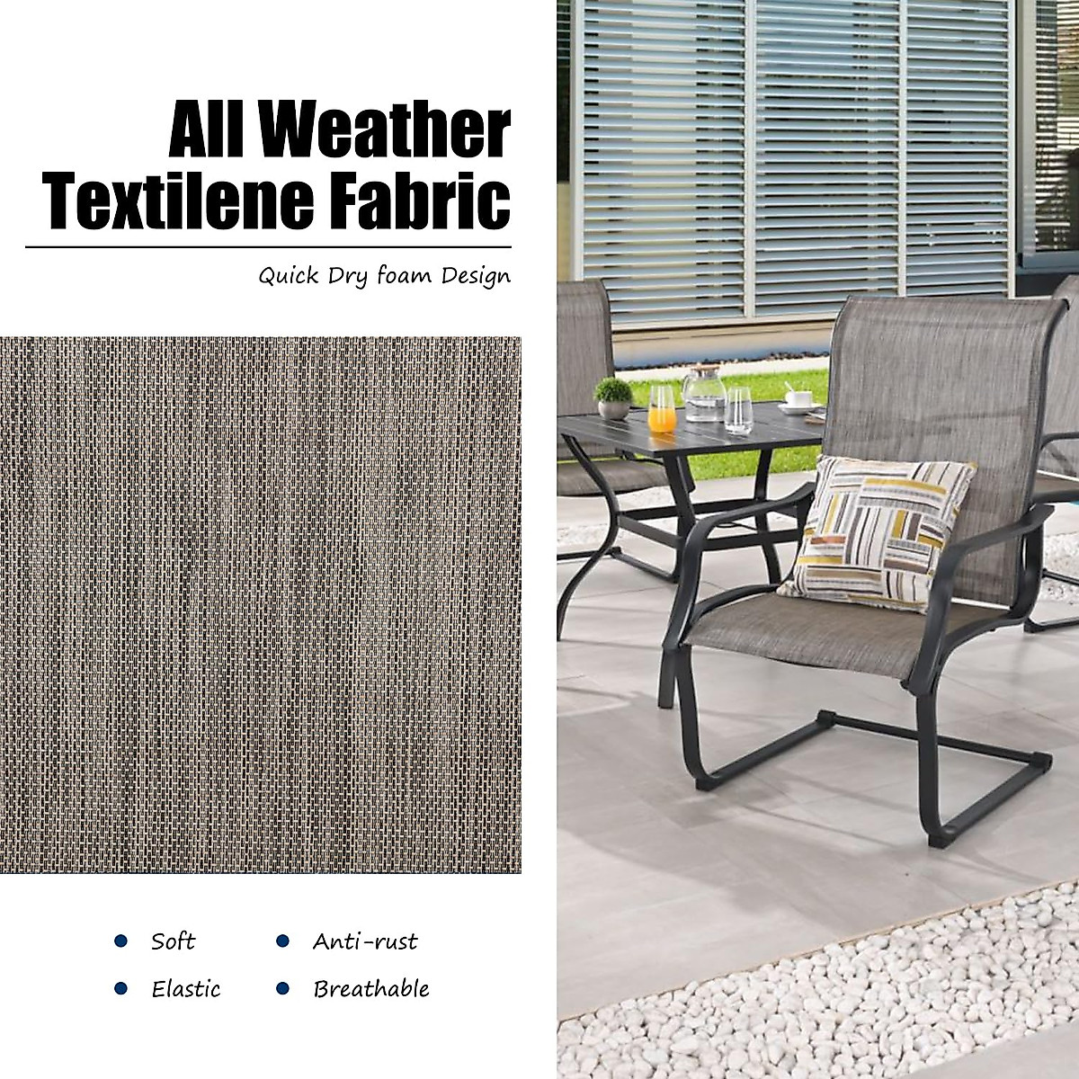 PatioFestival Patio Dining Chairs High Back Patio Chairs C-Spring Motion Chairs,Textilene Fabric & Black Metal Frame,2 Pieces Outdoor Furniture for Yard, Garden, Backyard, Deck, Bistro（Grey）