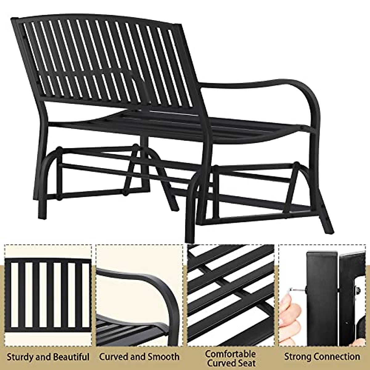 2-Person Outdoor Patio Glider Bench for Outside, Benches Swing Rocking Metal Loveseat Coated Steel Frame Porch Furniture Weatherproof Garden Backyard，Black, 2ZWQ03