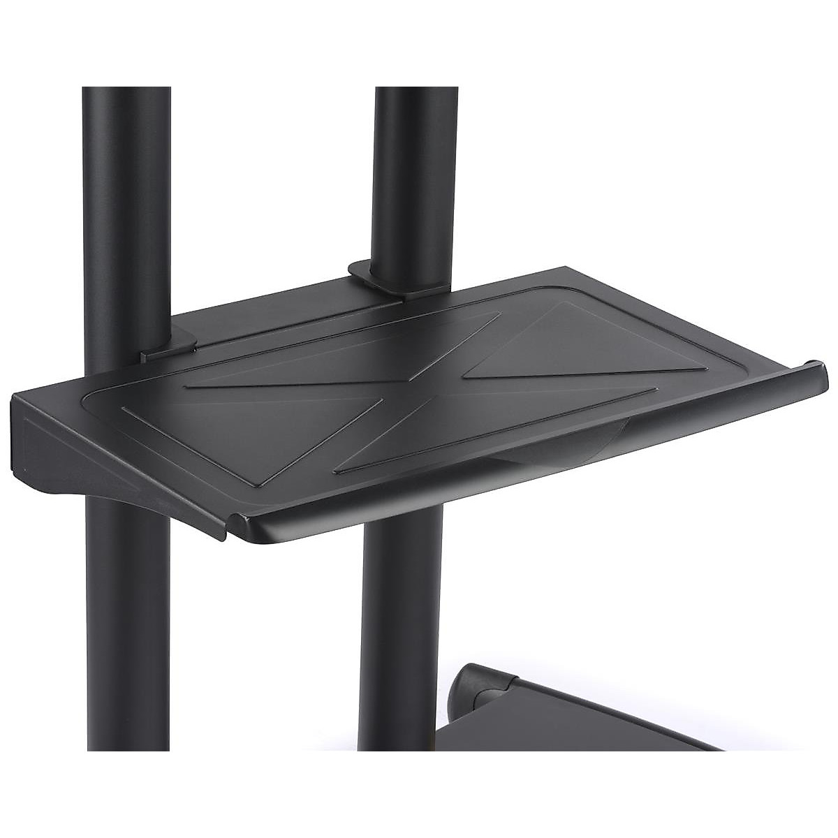 Displays2go Commercial Flat Screen TV Holder, Locking Wheels, Media Shelf, Aluminum Construction – Black (EM6580BK)