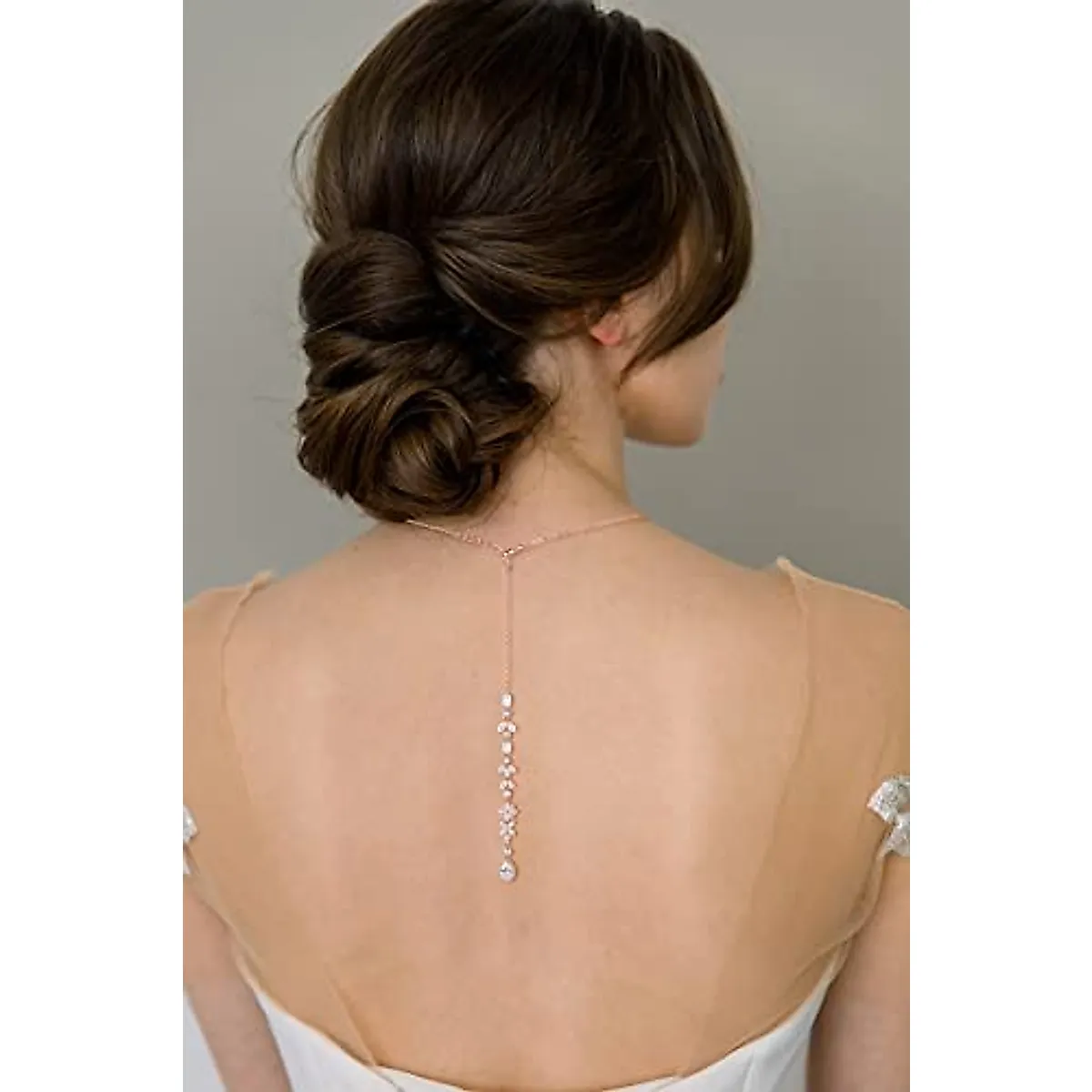 SWEETV Teardrop Wedding Bridal Backdrop Necklace, Rose Gold Cubic Zirconia Back Pendant Necklace for Bride Bridesmaids Women, Body Chain Jewelry for Prom Wedding