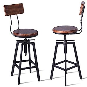 Diwhy Industrial Bar Stool Wood Metal Bar Stool,Adjustable Height Swivel Counter Height Bar Chair with Backrest,Black,Fully Welded Set of 2 (Brown Wooden Top with Wooden Backrest)