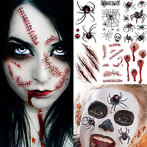 Yezunir 88+ Styles 18 Sheets 3D Halloween Temporary Tattoos For Kids Realistic Spider Web Bat Witch Pumpkin Fake Scars Tattoos Sticker Zombie Halloween Makeup Kit Women Men Adults Face Stitches Wound