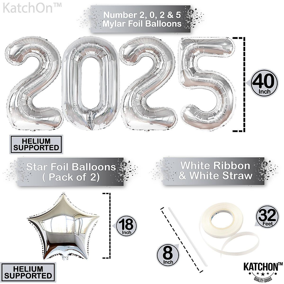 KatchOn, Huge 40 Inch 2025 Balloons Silver - New Years Balloons | Star Balloons, 2025 Silver Balloons for New Years Eve Party Supplies 2025 | Happy New Year Decorations 2025 for New Years Eve Decor
