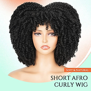 Aminow Afro Kinky Curly Wigs for Black Women Glueless Synthetic Short Curly Afro Wig with Bangs Natural Black 12 Inch
