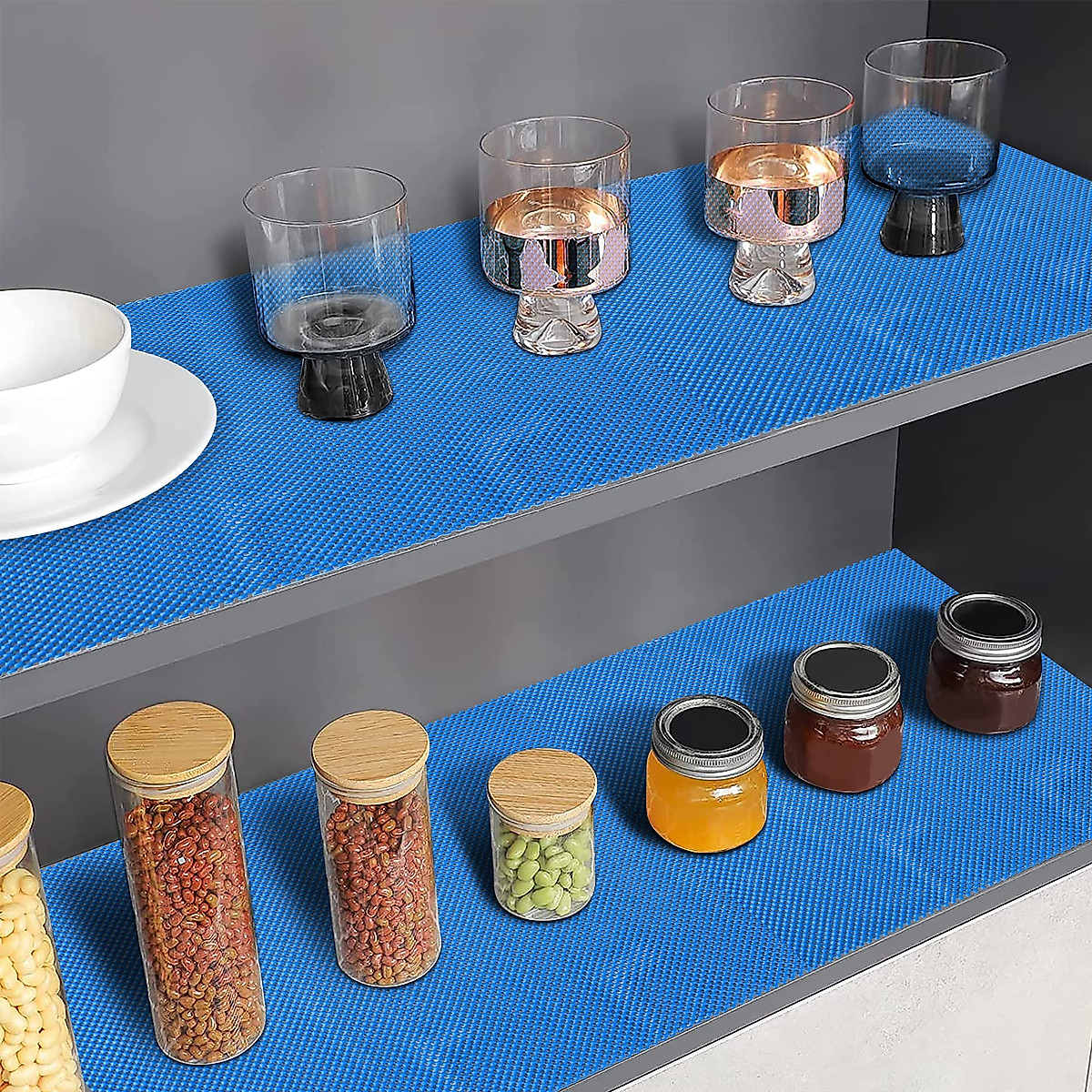 RAY STAR 12*48 inch Wire Shelf Liner for Kitchen Cabinets, Non-Adhesive Refrigerator Liners Washable, Vinyl Drawer Liner Non-Slip Bathroom Cabinet Liner Blue