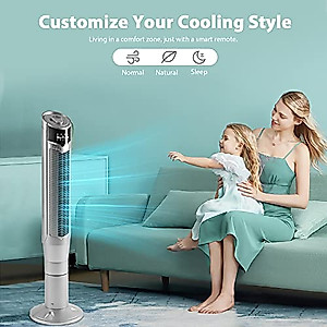 Antarctic Star Tower Fan Oscillating Fan Quiet Cooling Remote Control Powerful Standing 3 Wind Modes Bladeless Floor Fans Portable Bladeless Height Adjust, 8 Wind Speed Bedroom Office 47-Inch Silver
