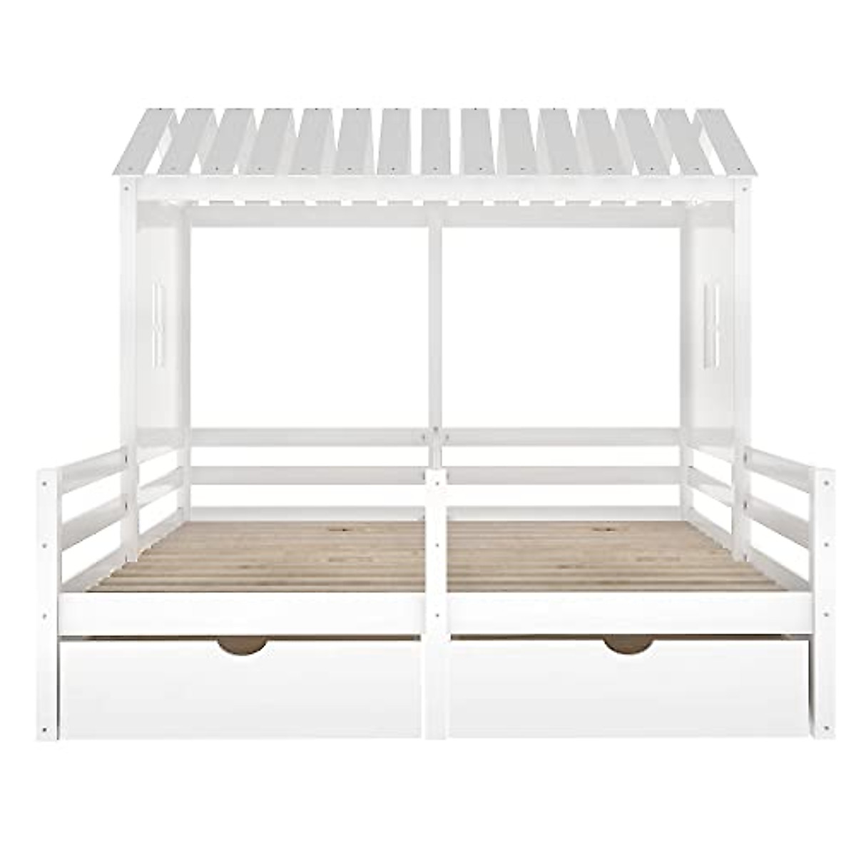 BOVZA Double Twin Size House Bed with Storage Drawers, Side by Side Twin Size Beds, Two Twin Platform Beds for Kids Girls Boys Teens, White
