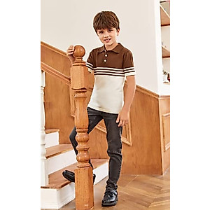 Boys Short Sleeve Polo Shirt, Button Closure, Knit Stretch Stripe T-Shirts for Kids and Teens 5-14 Years Brown