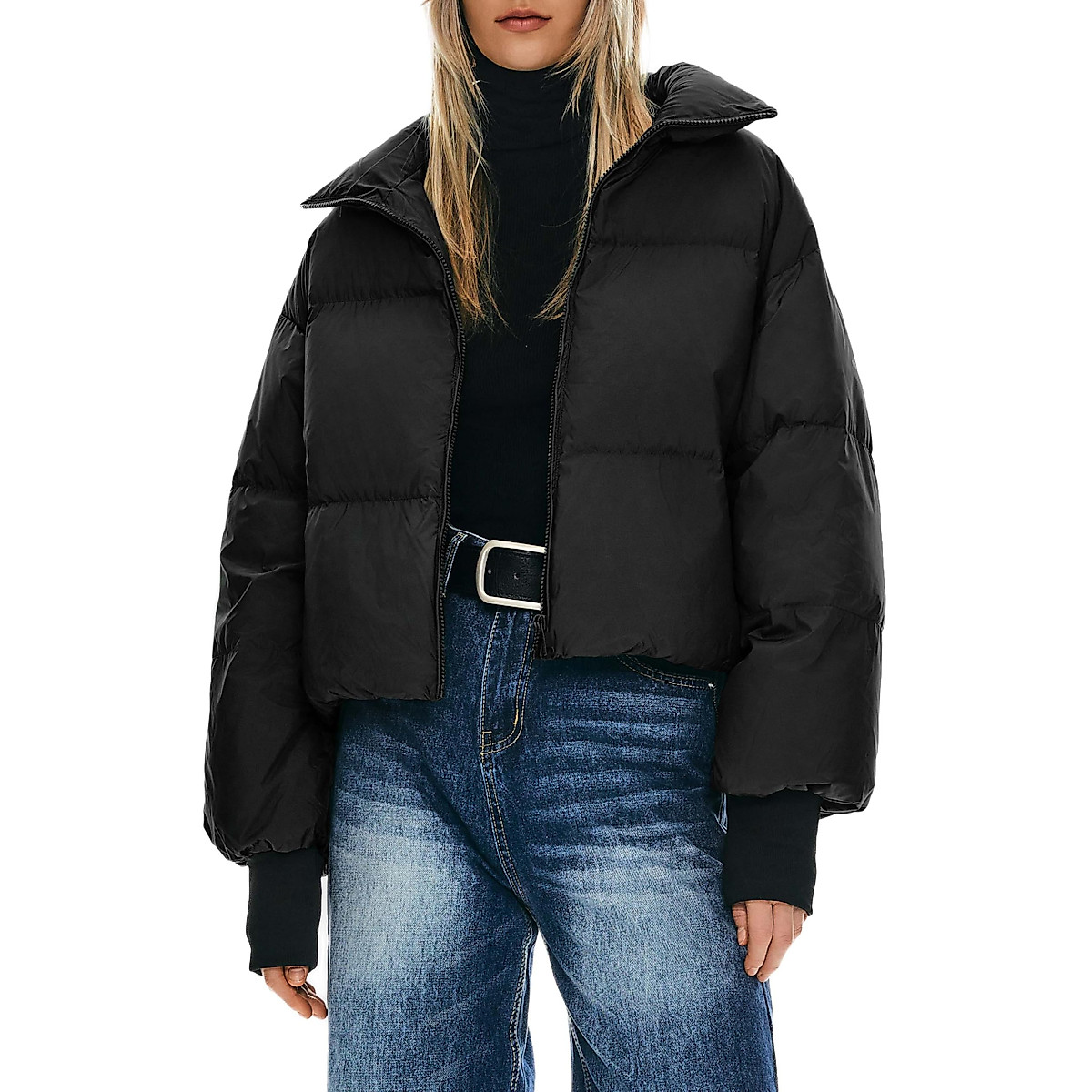 Orolay Women's Winter Oversized Cropped Puffer Jacket Zip Up Short Down Coat Stand Collar Baggy Overcoat Black X-Small