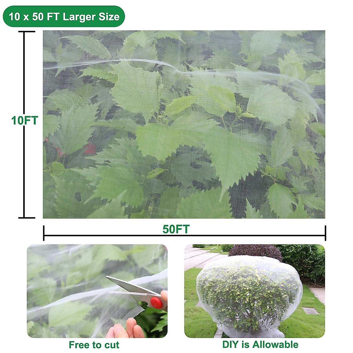 KLEWEE 10 x 50 FT Garden Mesh Netting, Ultra Fine Plant Netting Covers, Garden Netting for Raised Beds Vegetables, Fruit Tree Netting for Blueberry Bushes Barrier Screen Protection Net Cover