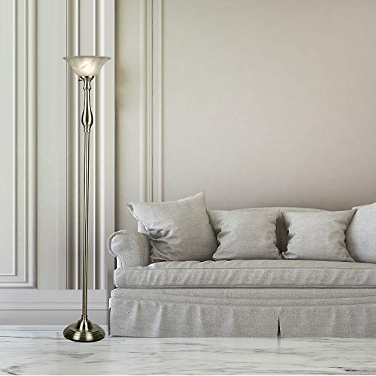 LIGHTACCENTS Royal Floor Lamp with Brushed Nickel Finish and White Alabaster Glass Shade Model 16176-25 - Stand Up Lamp for Living Room - Transitional Standing Torchiere 72" Tall (Brushed Nickel)