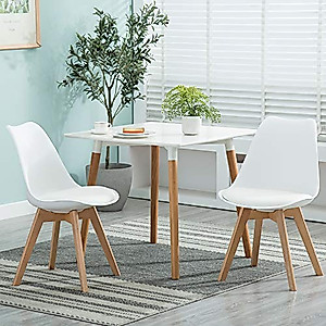 LSSBOUGHT Mid Century Modern Dining Chairs,Shell Lounge Plastic Side Chair with Soft Padded and Wooden Legs for Dining Room Living Room Bedroom Kitchen Set of 2 (White)