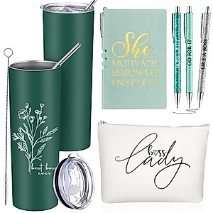 Funnymoom 6 Pcs Boss Day Gift Set Lady Appreciation Day Thank You Gifts for Women 20 oz Aesthetic Boho Flower Sign Tumbler Tote Bag Makeup Bag A6 Notepad with 3 Ballpoints Best Boss Ever Gift (Green)