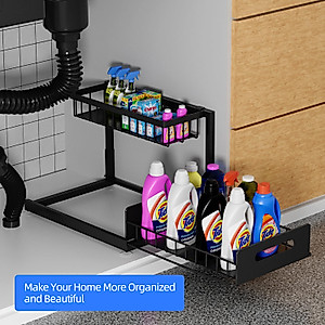 Lxmons 2-Tier Under Sink Slide Out Organizer, 2 Pack Pull Out Cabinet Storage Shelf with Sliding Storage Wire Basket Drawer for Bathroom Kitchen, Countertop or Pantry Storage shelf, Black