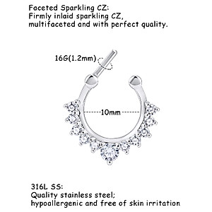 Tvalccoy 16g Septum Clicker Nose Rings Daith Dathe Earrings Smiley 16 Gauge Cute Silver Rainbow Surgical Stainless Steel Horseshoe Hoop Piercing Jewelry for Women Men Hypoallergenic 10mm Pack