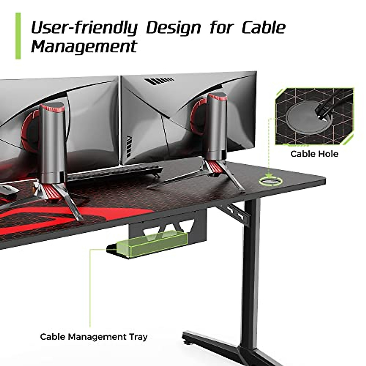 Eureka Ergonomic 60'' Gaming Desk, T-Shaped Carbon Fiber Surface Computer Desk with Free Mouse Pad,Large PC Gamer Desk Gaming Table with USB Handle Rack Cup Holder Headphone Hook,Black