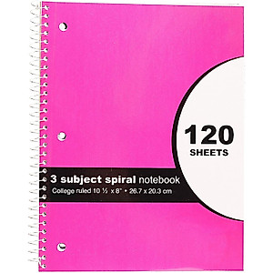 4-Pack 10½" x 8" 3 Subject Spiral Notebook, College Ruled, 120 Sheets per