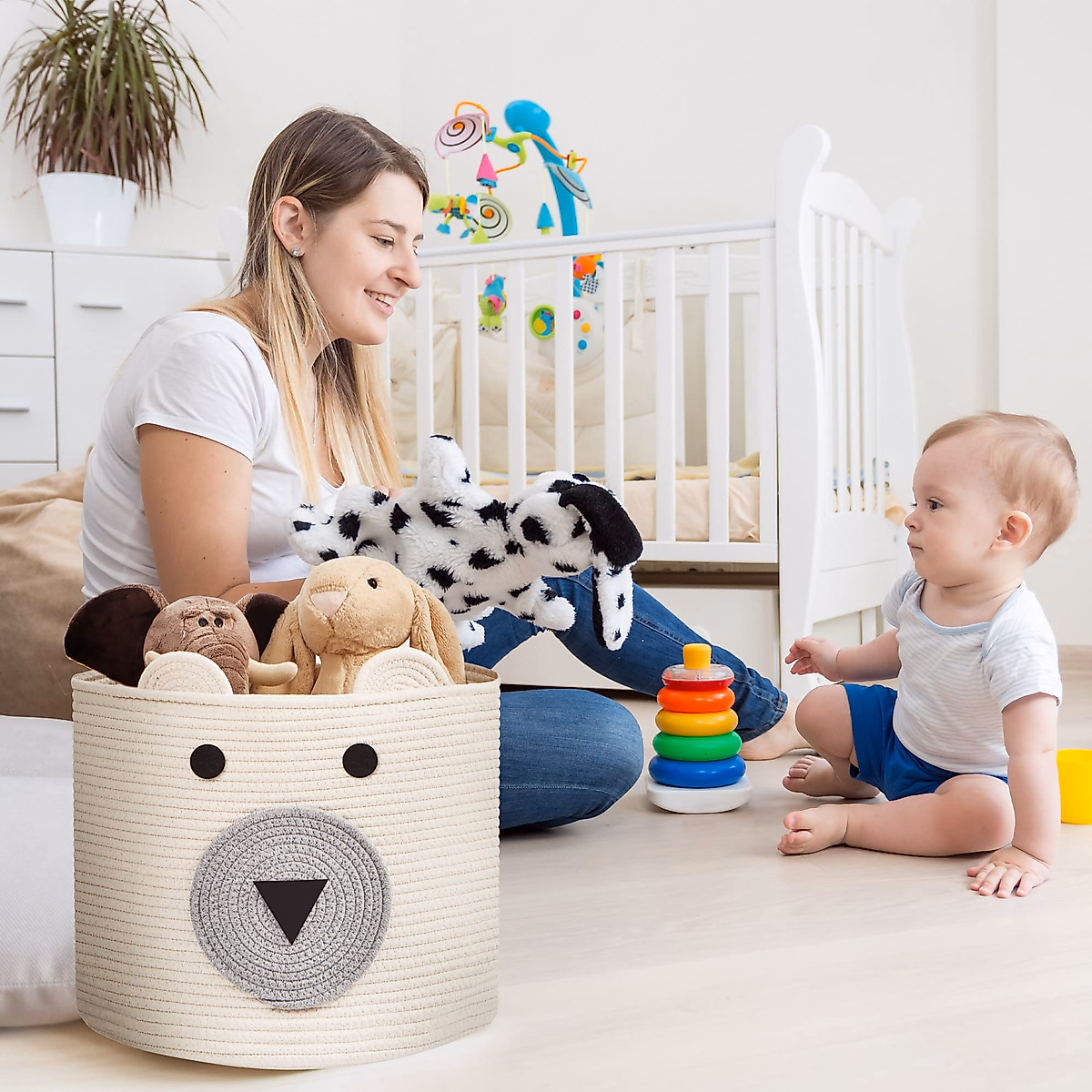 MELLBAY Cotton Rope Storage Basket, Cute Bear Toy Basket with Handles, Nursery Storage, Baby Laundry Basket, Clothes, Towels, Animal Baskets as Gift for Kids, christmas baskets, White, 16”(D) x 14”(H)