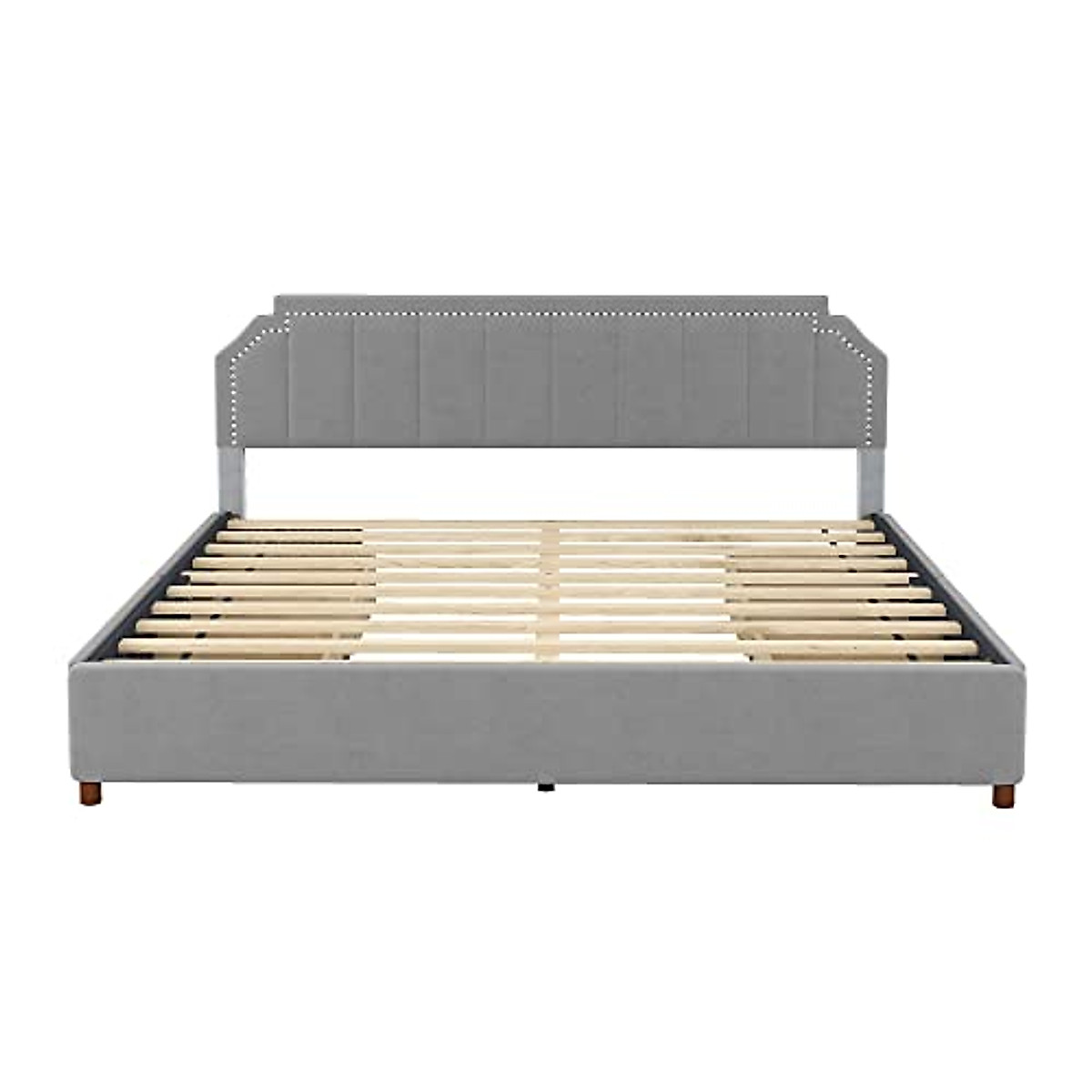 GLORHOME King Size Platform Bed Upholstered with Headboard and 4 Storage Drawers, Support Legs - Grey
