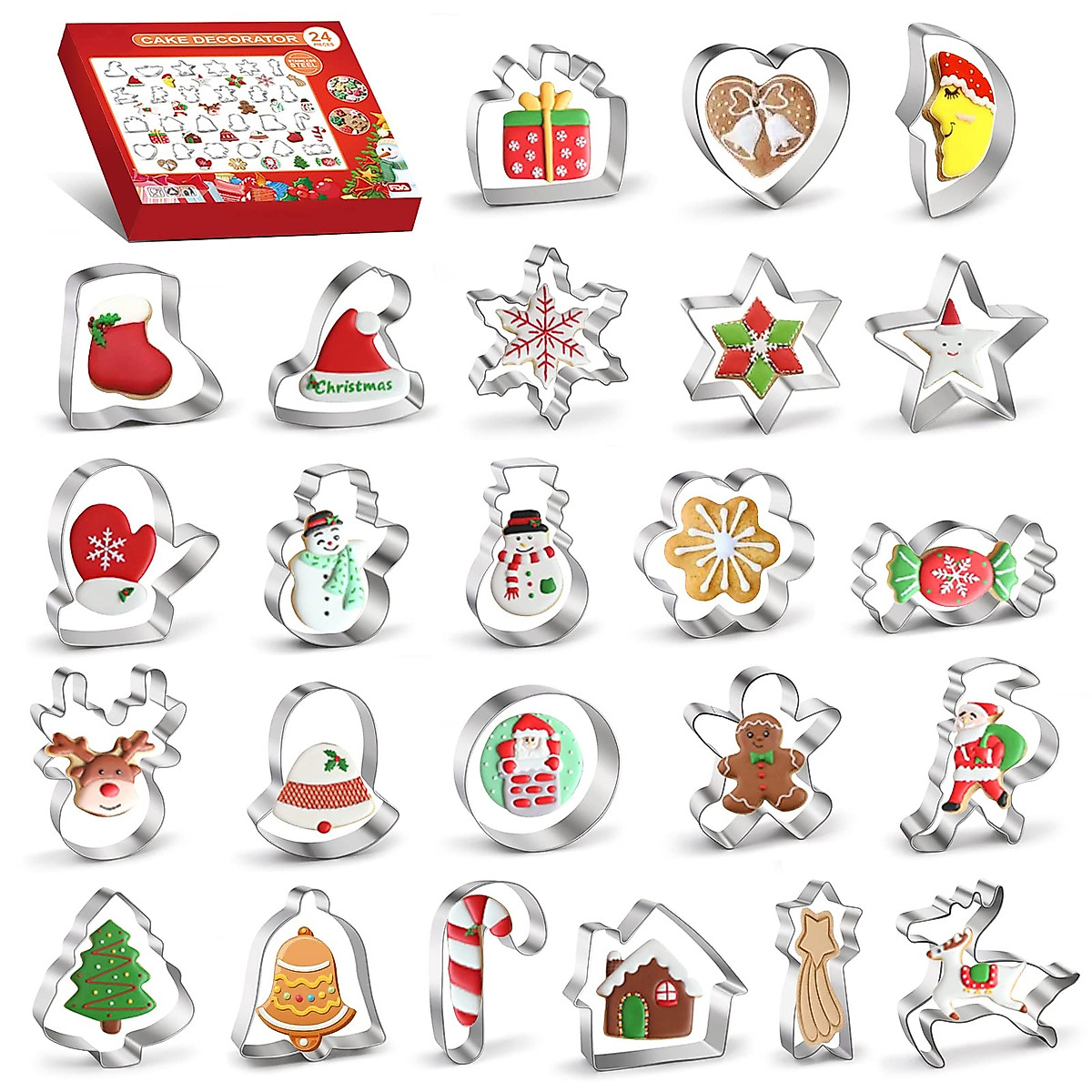24PCS Christmas Cookie Cutter Set, Stainless Steel Xmas Biscuit Cutter Mold, DIY Baking Pastry Tool Small Biscuit Mold, Snowman Christmas Tree Gingerbread Man Snowflake Candy & More Shapes for Baking