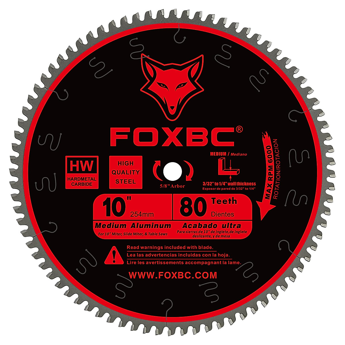 FOXBC 10-Inch Saw Blade 80-Tooth TCG for Aluminum and Non-Ferrous Metal & Plastic Cutting with 5/8-Inch Arbor