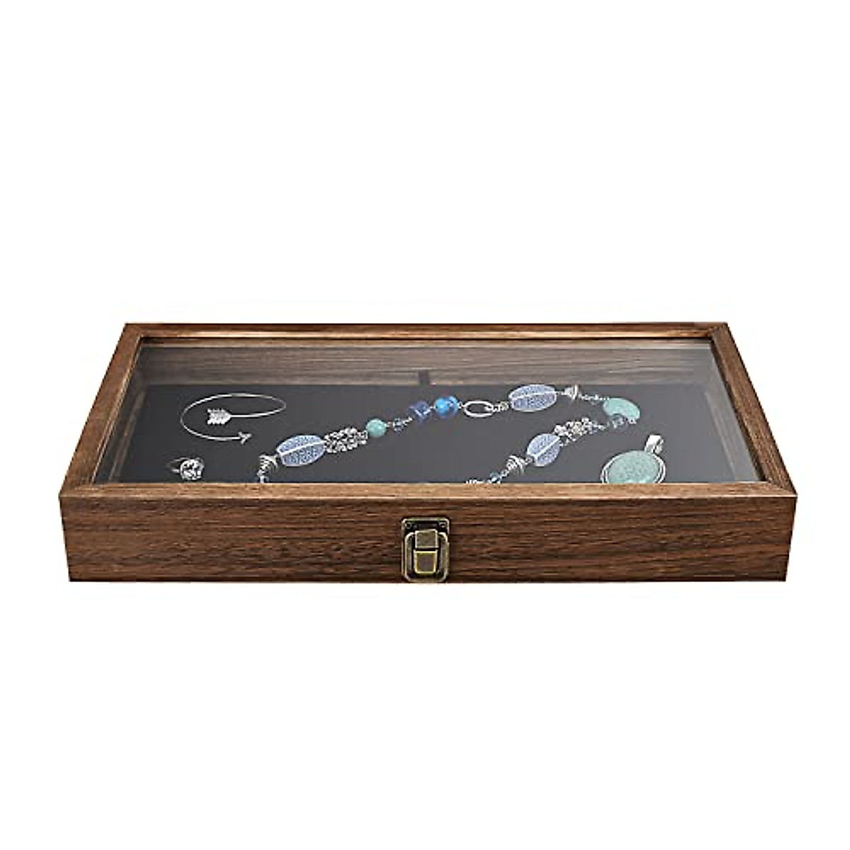 MOOCA Wooden Jewelry display case with Tempered Glass Top Lid, Brown Color