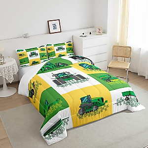 Boys Cartoon Truck Car Down Comforter Twin Size Kids Construction Vehicles Tractor Comforter Set for Kids Children Farm Excavator Bedding Set Construction Site Cars Duvet Set, Green Yellow