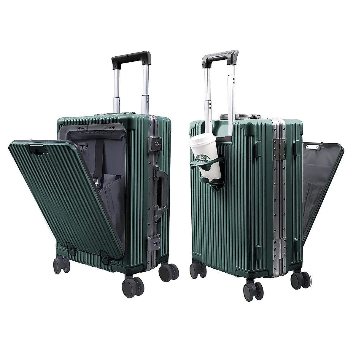 DwanNuts Carry On Luggage with Cup Holder and Usb Port, Aluminum Frame, Front Compartment, TSA Lock, 22x14x9 Airline Approved Hardside Suitcase with Spinner Wheels(Dark Green, 20-lnch)