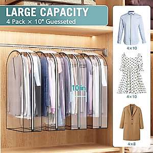 Liuoud Clear Garment Bag For Hanging Clothes- 4 Pack 10” Gusseted Suit Bags For Closet Storage, Plastic Clothes Storage Bag For Suit Coat Dress, fur, Closet Cover For Open Closet