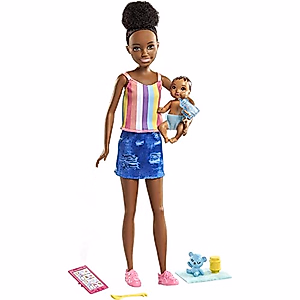 Barbie Skipper Babysitters Inc. Doll & Accessories Set with 9-in Brunette Doll, Baby Doll & 4 Storytelling Pieces for 3 to 7 Year Olds