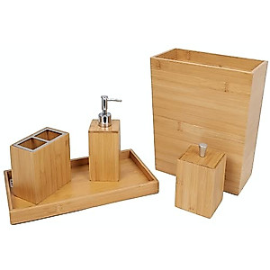 Bamboo Bathroom Accessories Set with Bamboo Trash Can 5 Piece Complete Wood Boho Bathroom Accessory Set Toiletry Box Toothbrush Holder Liquid Bamboo Soap Dispenser Wood Towel Tray Bamboo Decor