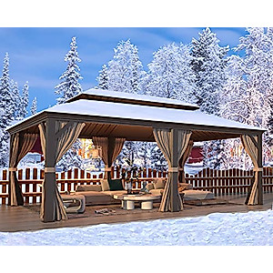 MELLCOM 12' x 20' Hardtop Gazebo,Galvanized Steel Metal Double Roof Gazebo with Curtain and Netting,Brown Permanent Pavilion Gazebo with Aluminum Frame for Patios,Gardens,Lawns