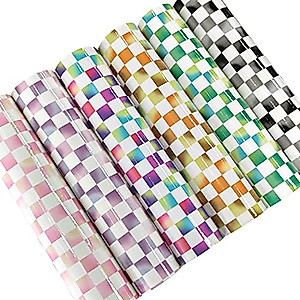 6 Pcs 8x12 inch Printed Faux Leather Sheets, Colorful Plaid Pattern Synthetic Crafts Fabric for Hair Bows Earrings Making Crafts Projects (Mirror)