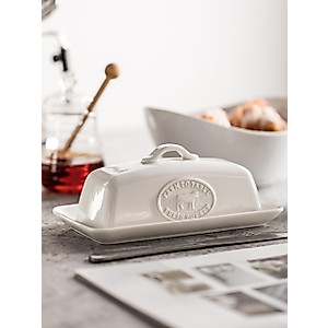 YHOJOY Cow Butter Dish, Ceramic Butter Dish with Lid for Countertop, White Butter Tray with Handle, Farmhouse Covered Butter Holder Container for East West Coast Butter Storage